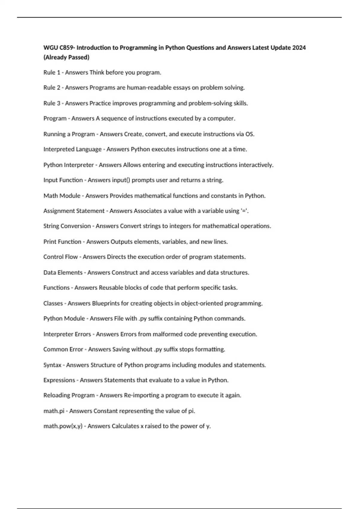 Wgu C859 Introduction To Programming In Python Questions And Answers Latest Update 2024