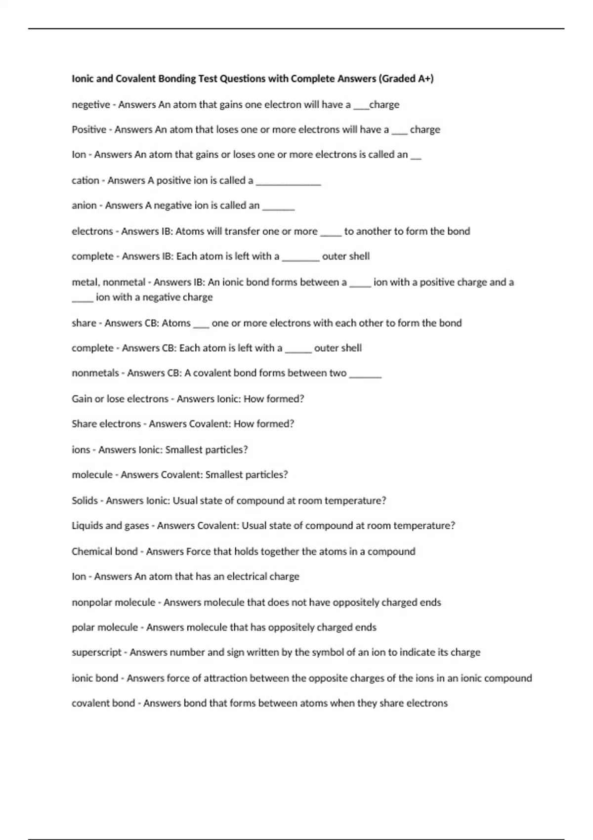 Ionic and Covalent Bonding Test Questions with Complete Answers (Graded ...