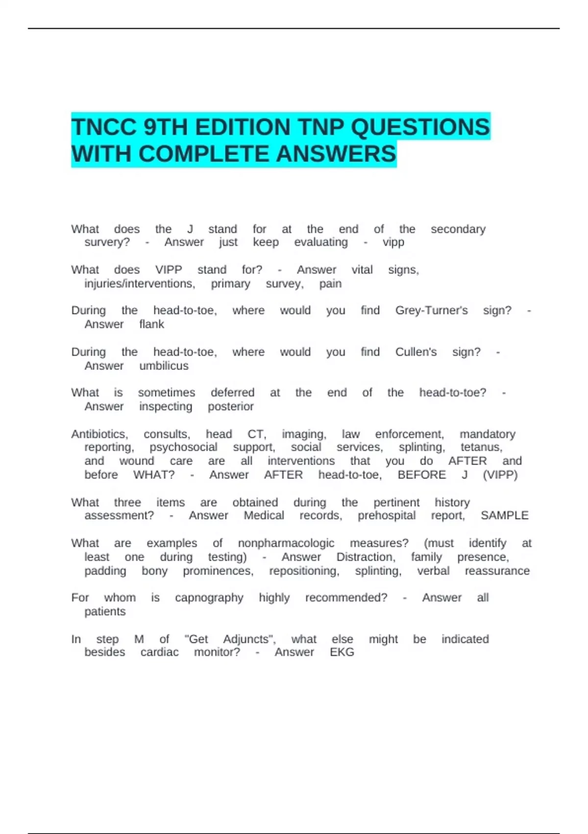 TNCC 9TH EDITION TNP QUESTIONS WITH COMPLETE ANSWERS - TNCC-Trauma ...