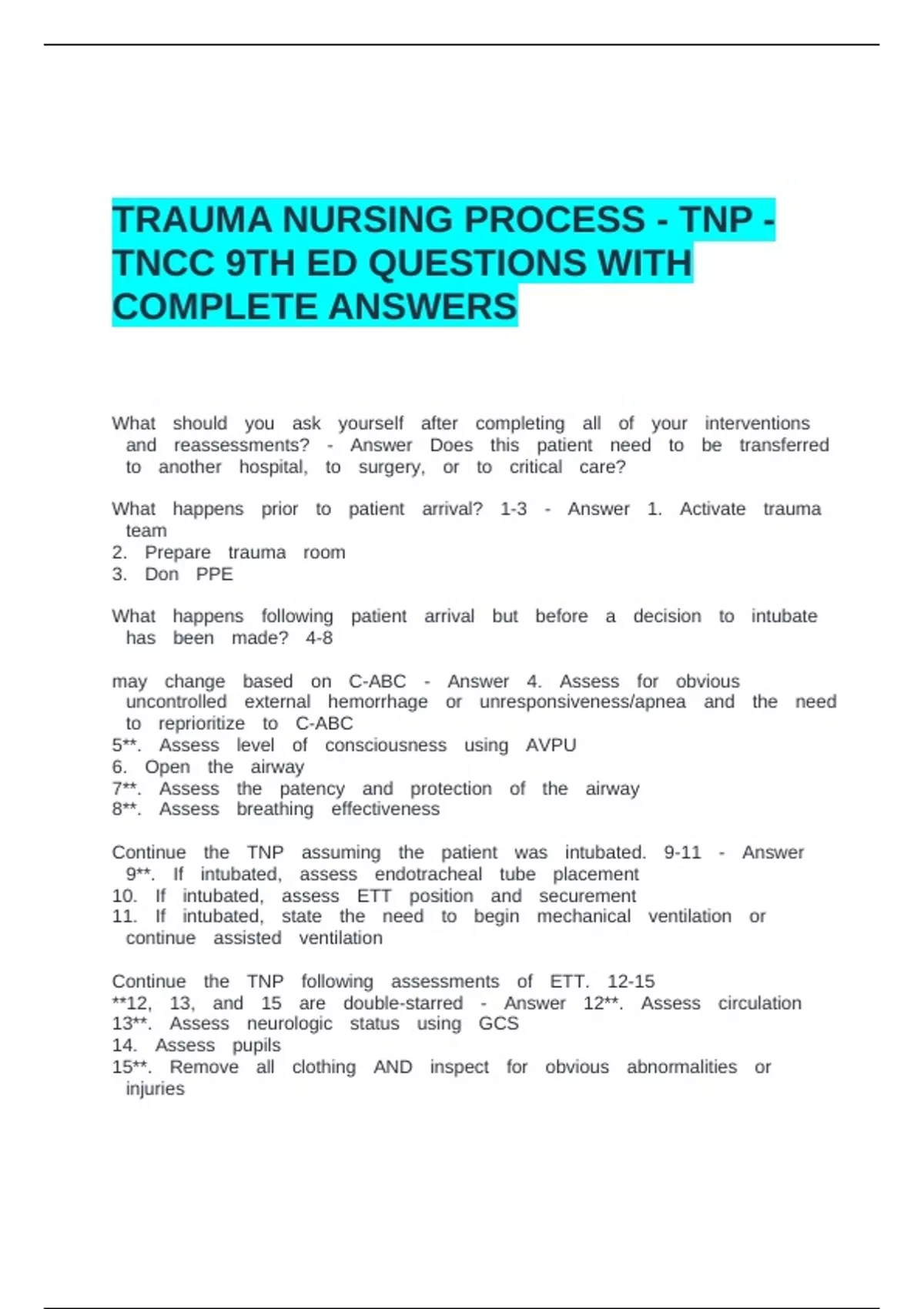 TRAUMA NURSING PROCESS - TNP - TNCC 9TH ED QUESTIONS WITH COMPLETE ANSWERS. - TNCC-Trauma ...
