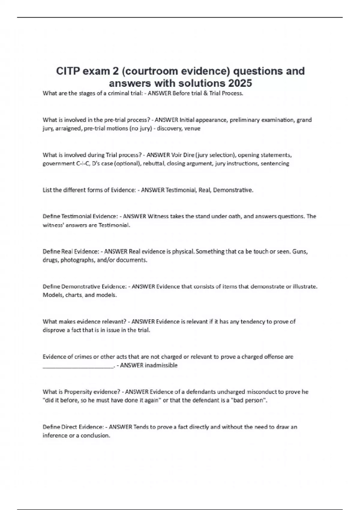 CITP exam 2 (courtroom evidence) questions and answers with solutions ...