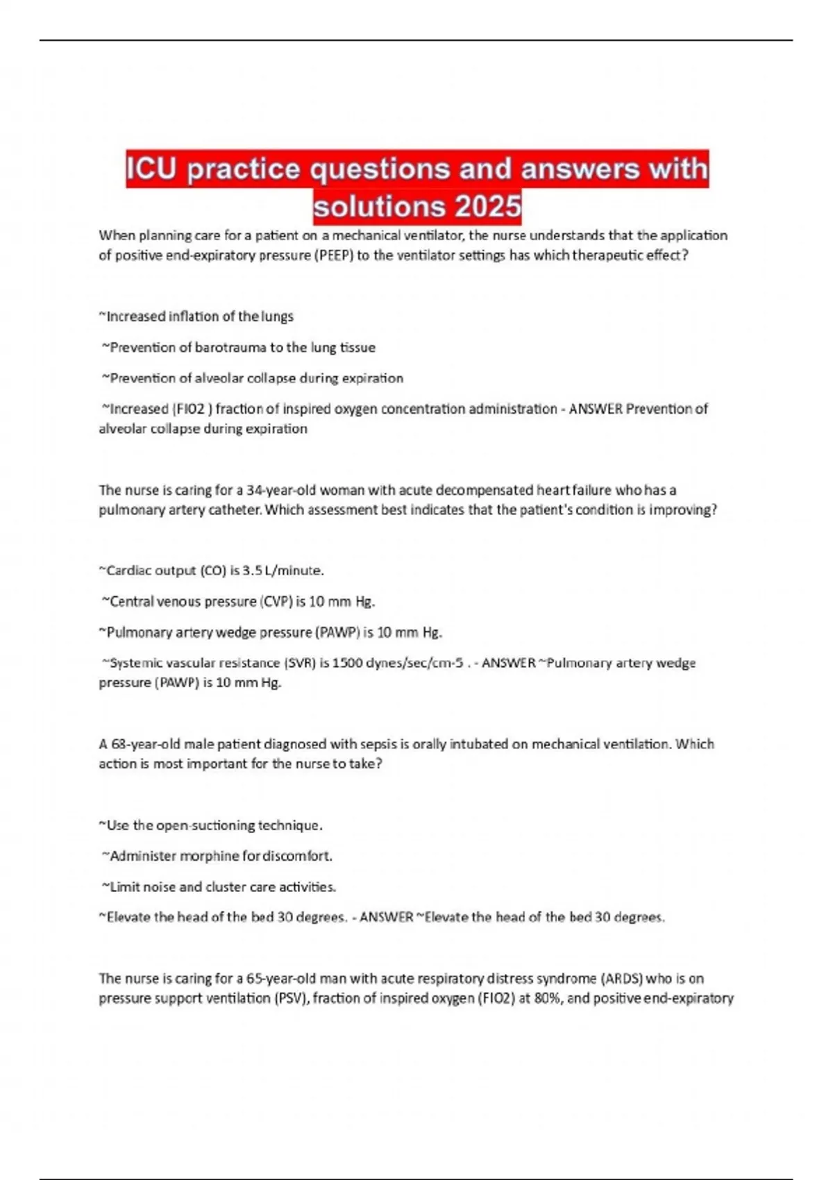 ICU practice questions and answers with solutions 2025 - BKAT ICU ...