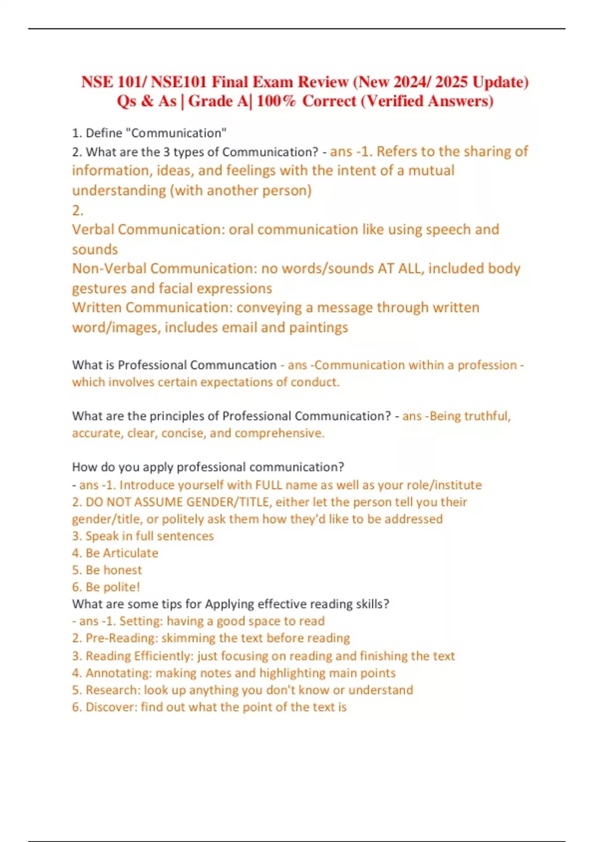 NSE 101/ NSE101 Final Exam Review (New 2024/ 2025 Update) Qs & As ...