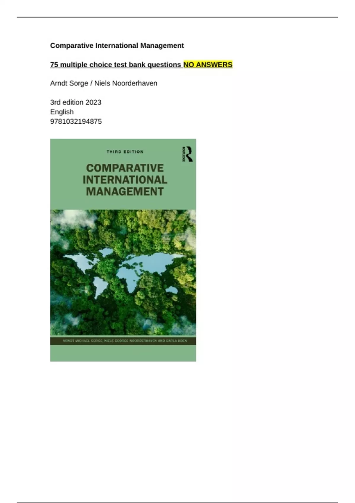 Test bank Comparative International Management Arndt Sorge 3rd ed / 75 ...