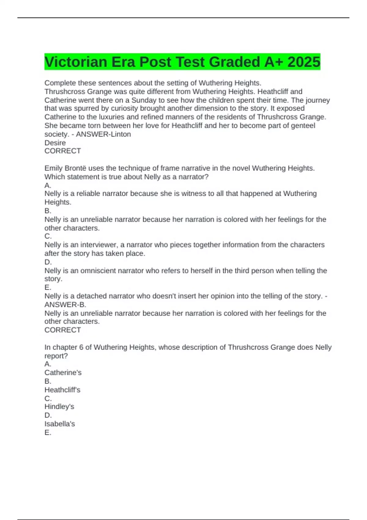 Victorian Era Post Test Graded A+ 2025 - Victorian Era Post - Stuvia US