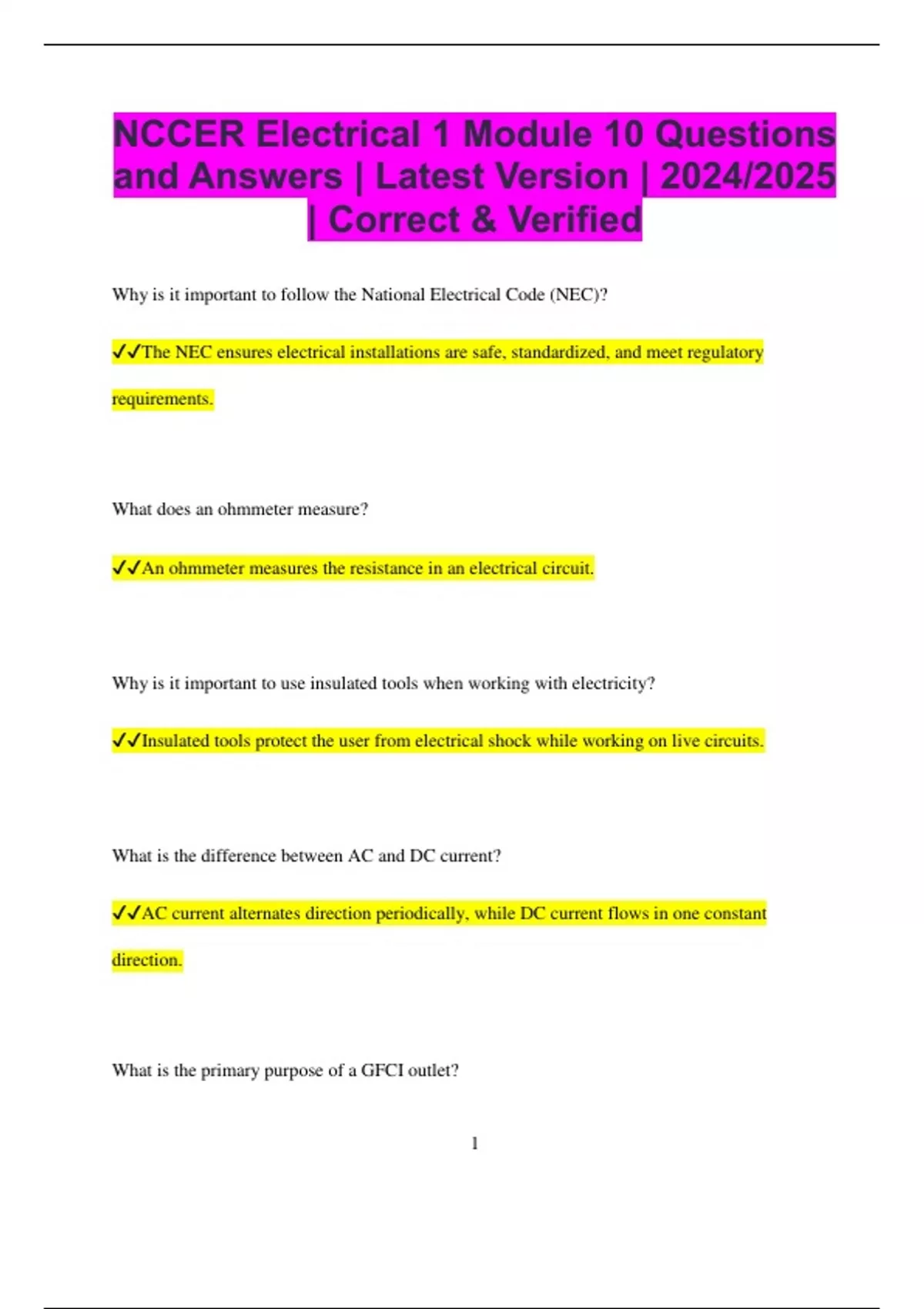 NCCER Electrical 1 Module 10 Questions and Answers | Latest Version ...
