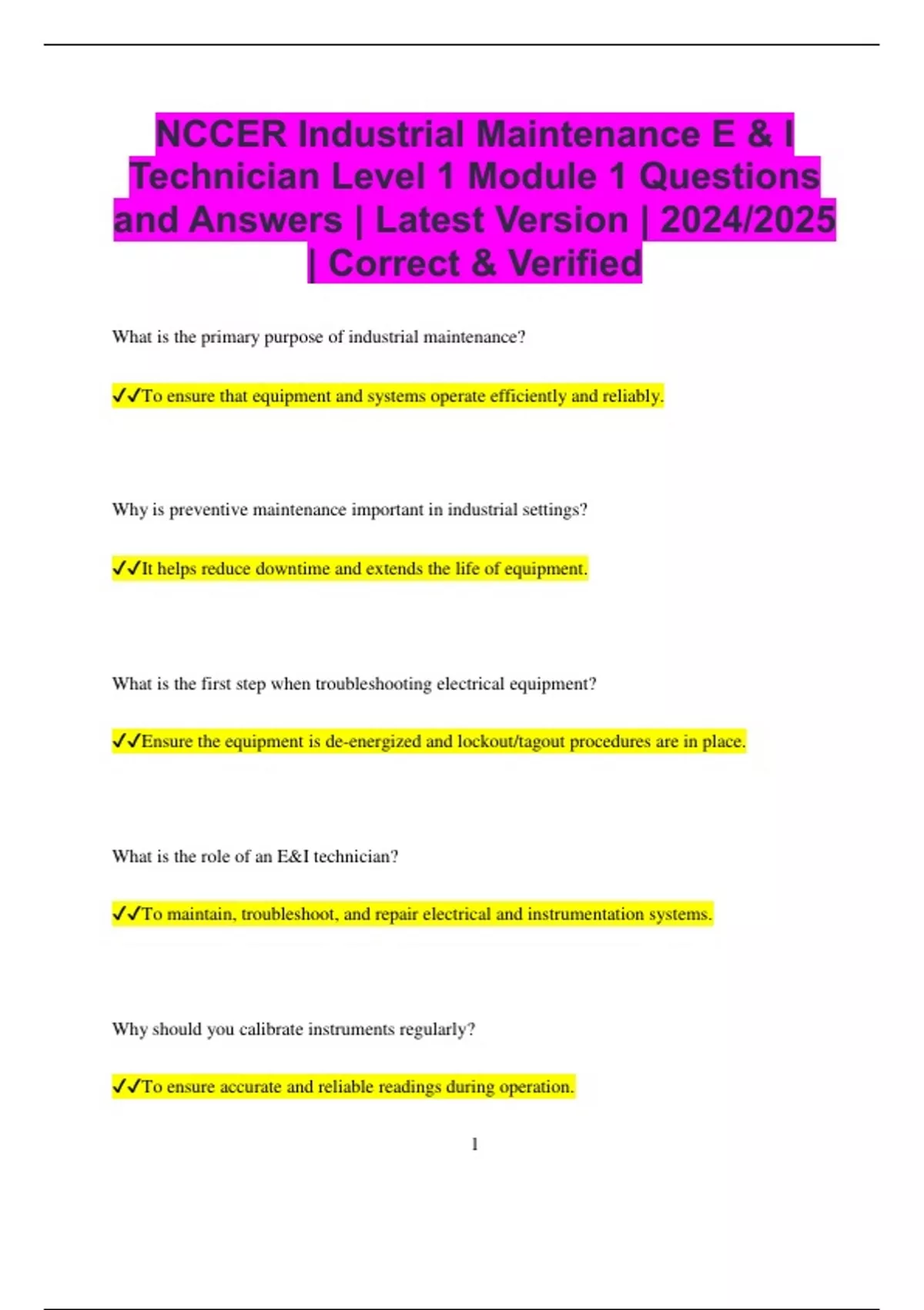 NCCER Industrial Maintenance E & I Technician Level 1 Module 1 ...