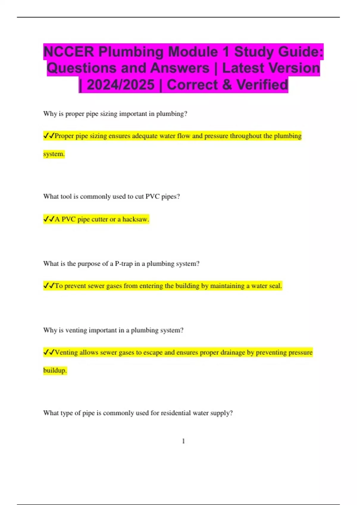 NCCER Plumbing Module 1 Study Guide: Questions and Answers | Latest ...