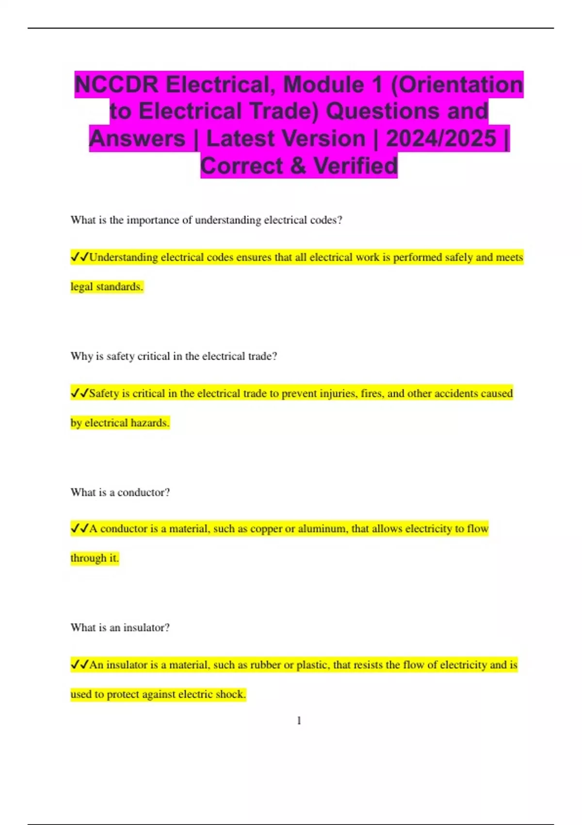 NCCDR Electrical, Module 1 (Orientation to Electrical Trade) Questions ...