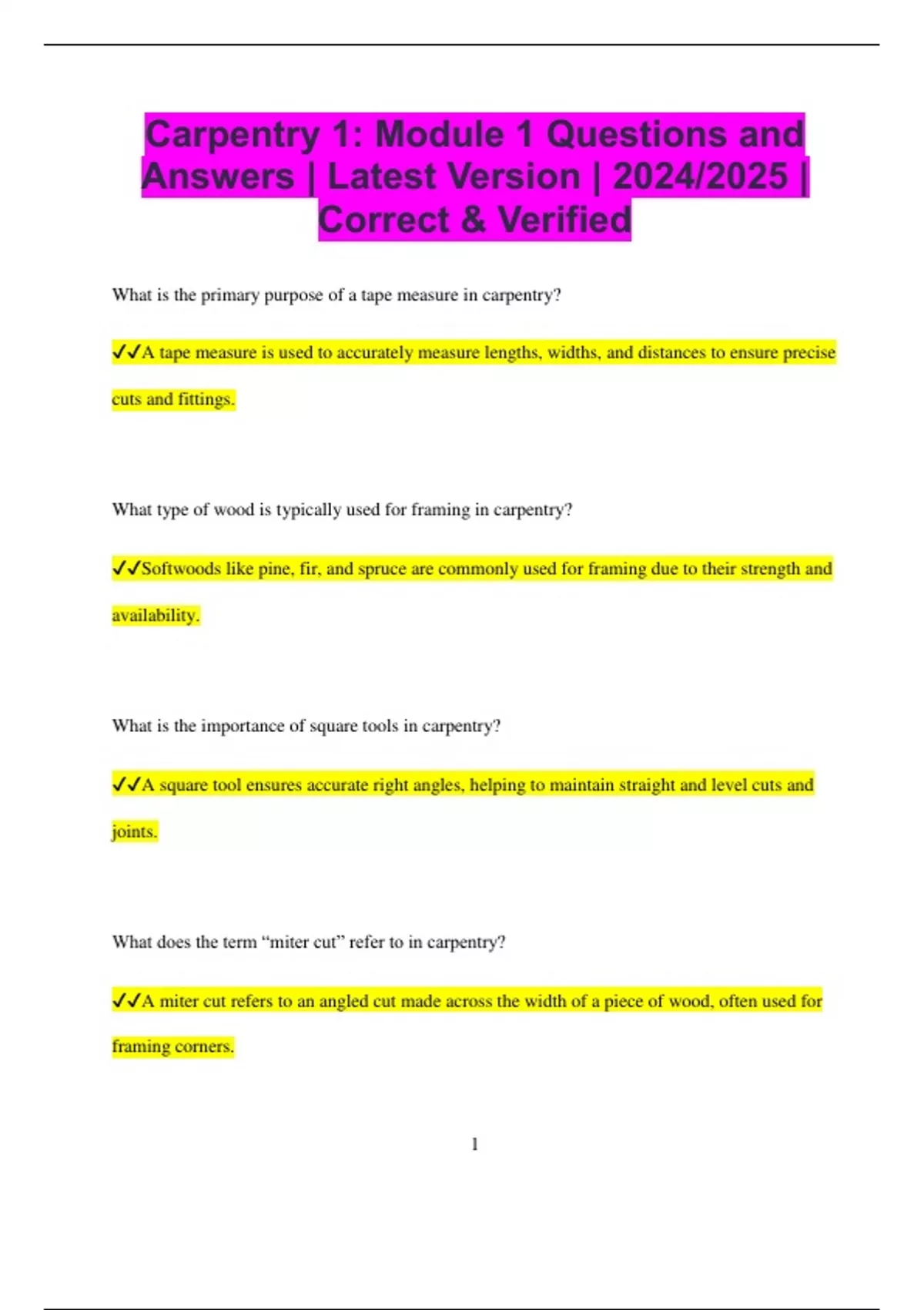 Carpentry 1 Bundled Exams Questions and Answers Multiple Versions ...