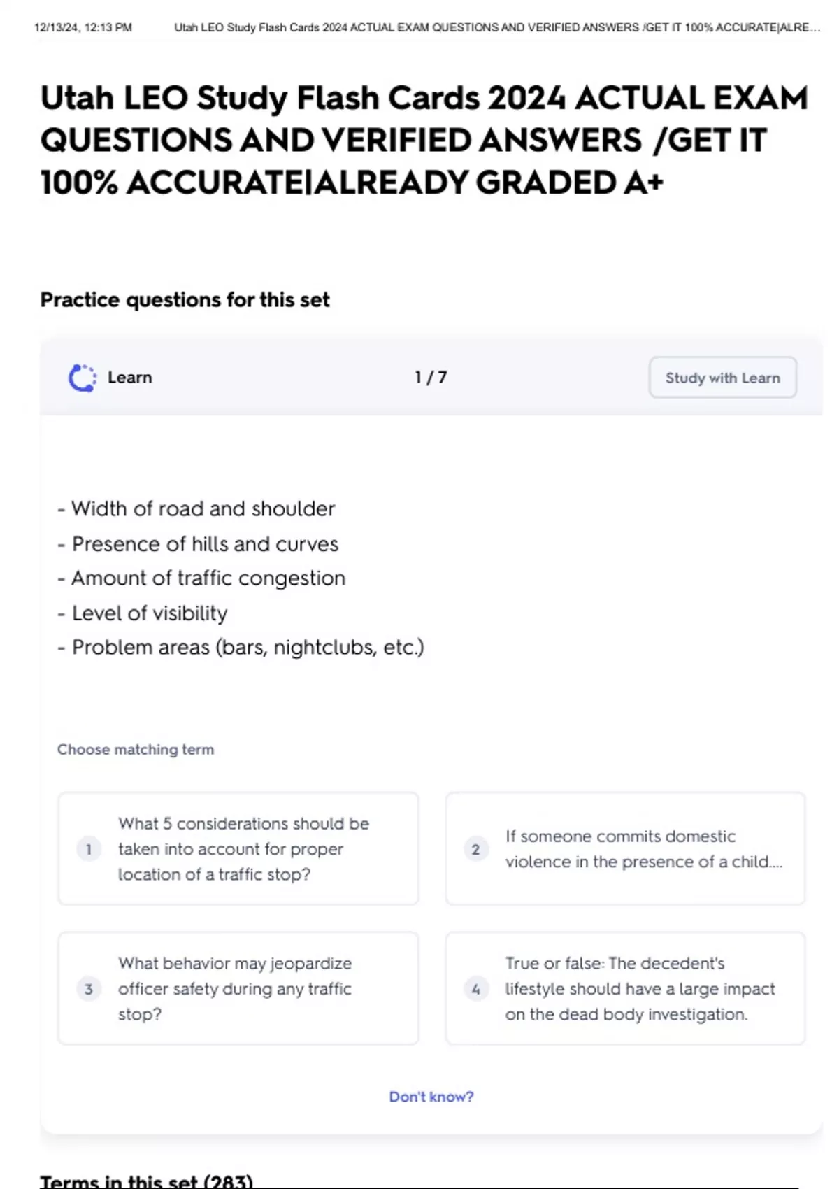 Utah LEO Study Flash Cards 2024 ACTUAL EXAM QUESTIONS AND VERIFIED ...