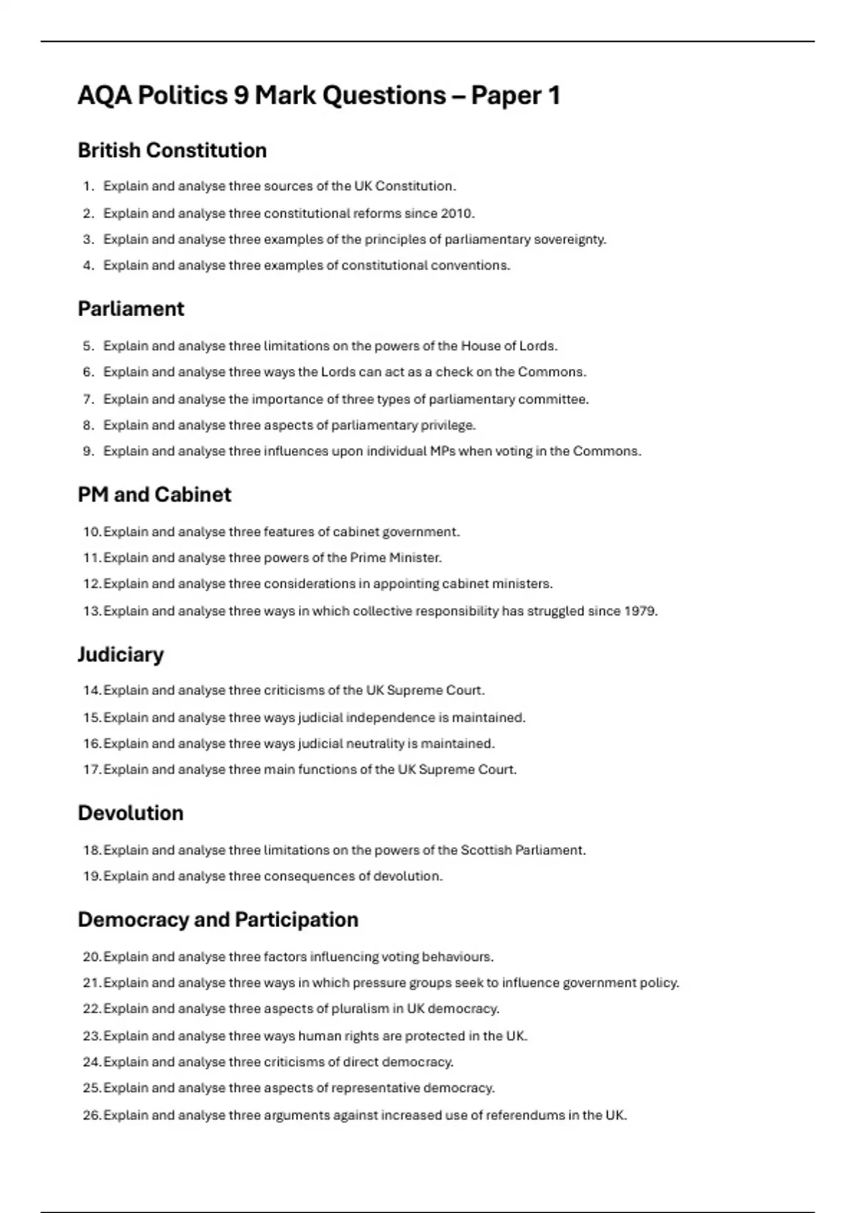 60+ AQA Alevel Politics Paper 1 9 Markers (Ultimate Study Pack) - Paper 1: UK Government and ...