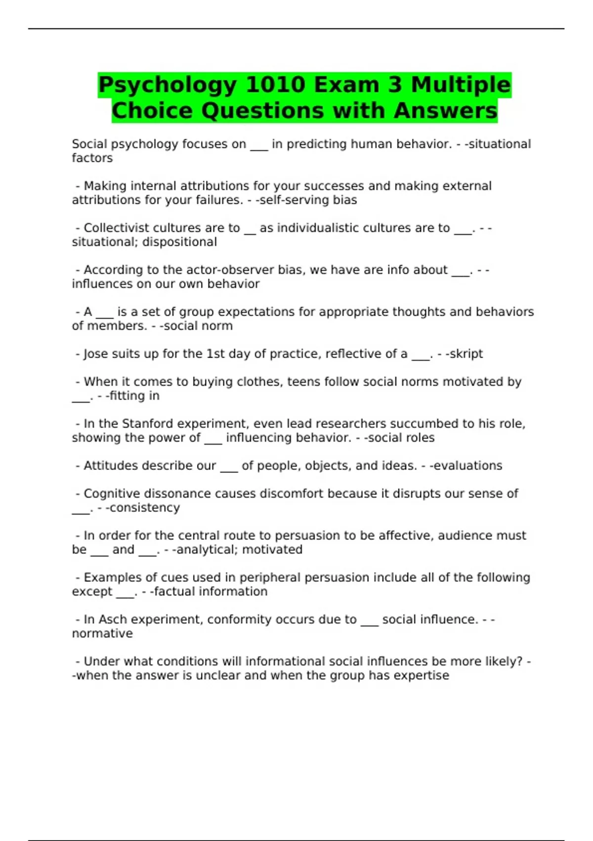 Psychology 1010 Exam 3 Multiple Choice Questions with Answers - Psychology 1010 - Stuvia US