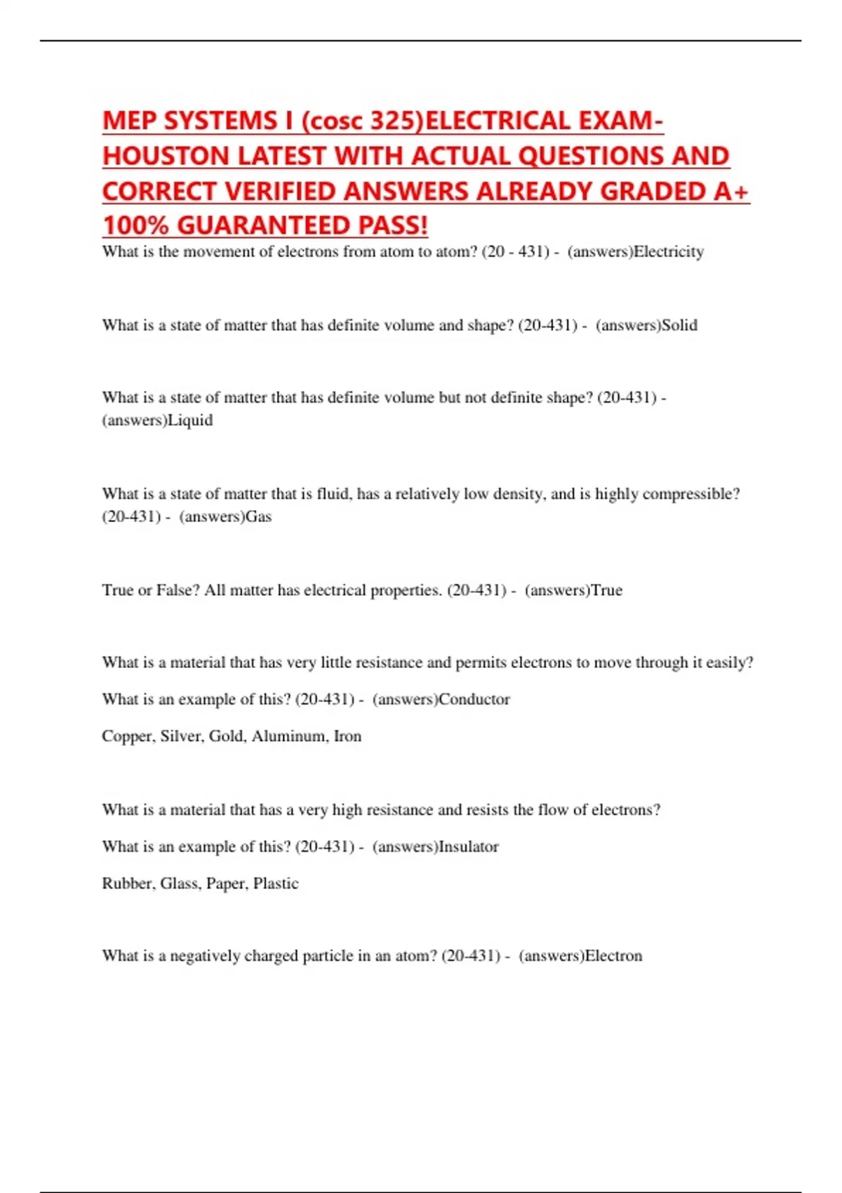 MEP SYSTEMS I (cosc 325)ELECTRICAL EXAM-HOUSTON LATEST WITH ACTUAL ...