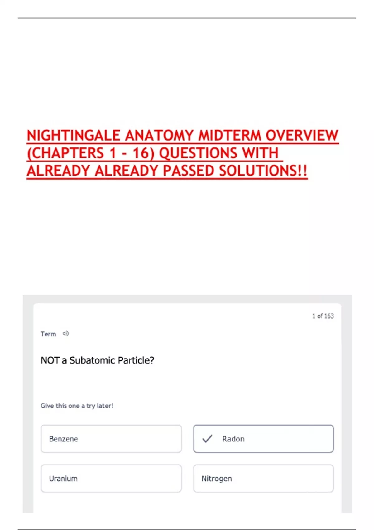 NIGHTINGALE ANATOMY MIDTERM OVERVIEW (CHAPTERS 1 - 16) QUESTIONS WITH ...