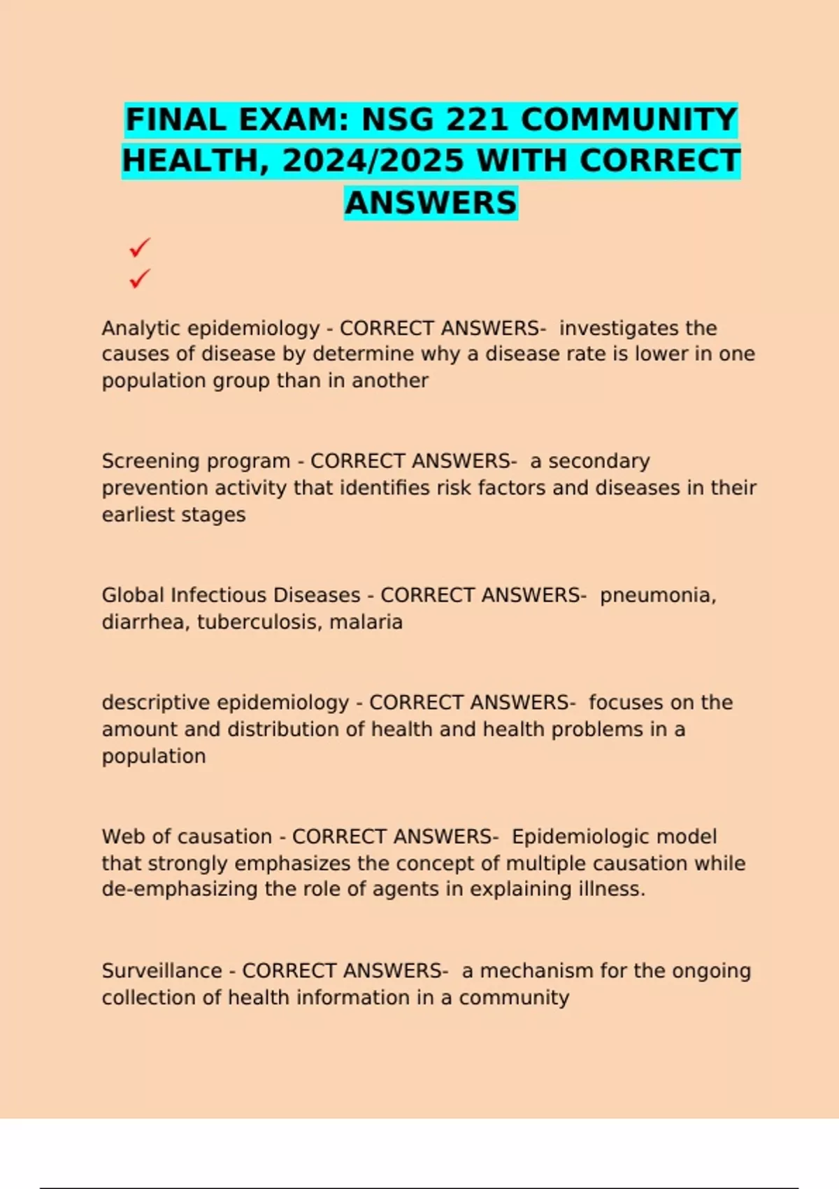 FINAL EXAM: NSG 221 COMMUNITY HEALTH, 2024/2025 WITH CORRECT ANSWERS - NSG 221 COMMUNITY HEALTH ...