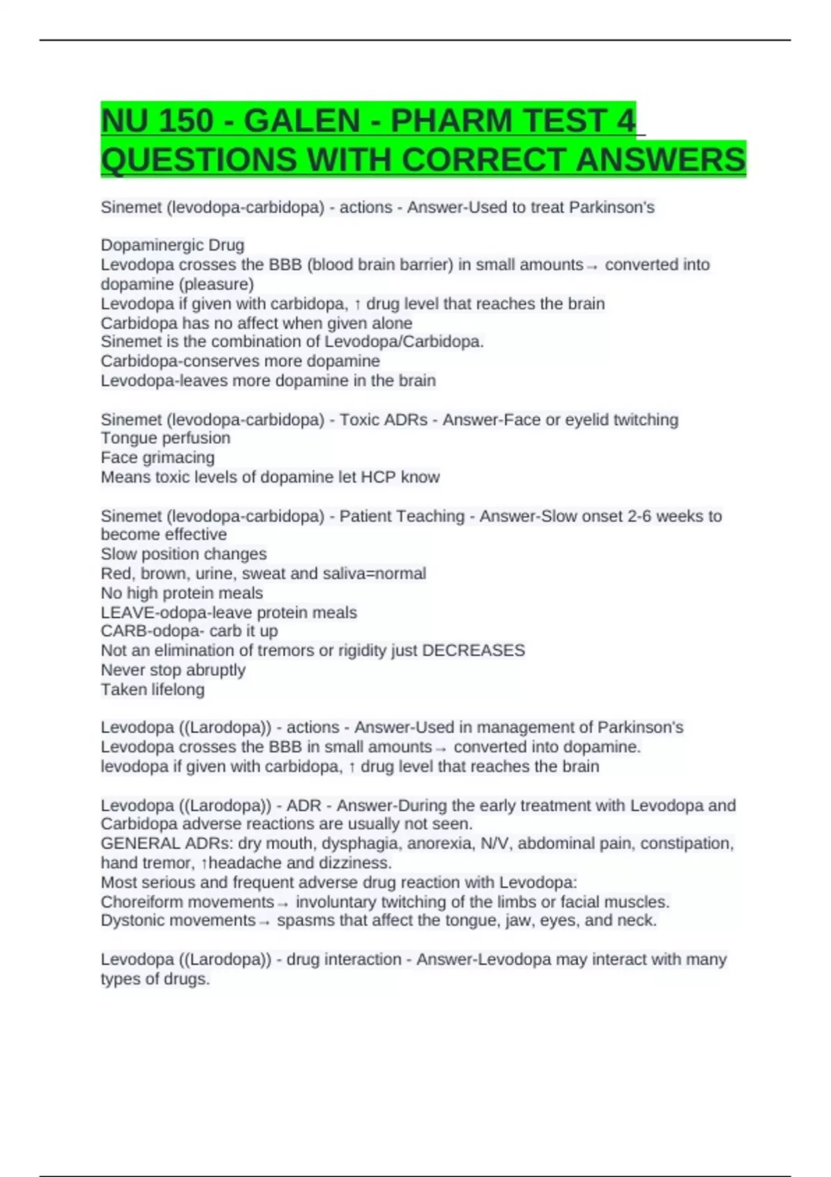 NU 150 - GALEN - PHARM TEST 4 QUESTIONS WITH CORRECT ANSWERS - NUR 150 ...