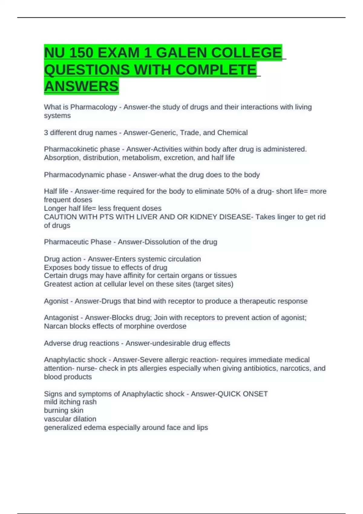 NU 150 EXAM 1 GALEN COLLEGE QUESTIONS WITH COMPLETE ANSWERS - NUR 150 ...