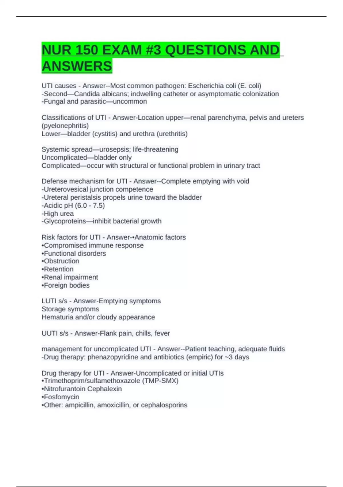 NUR 150 EXAM #3 QUESTIONS AND ANSWERS - NUR 150 - Stuvia US