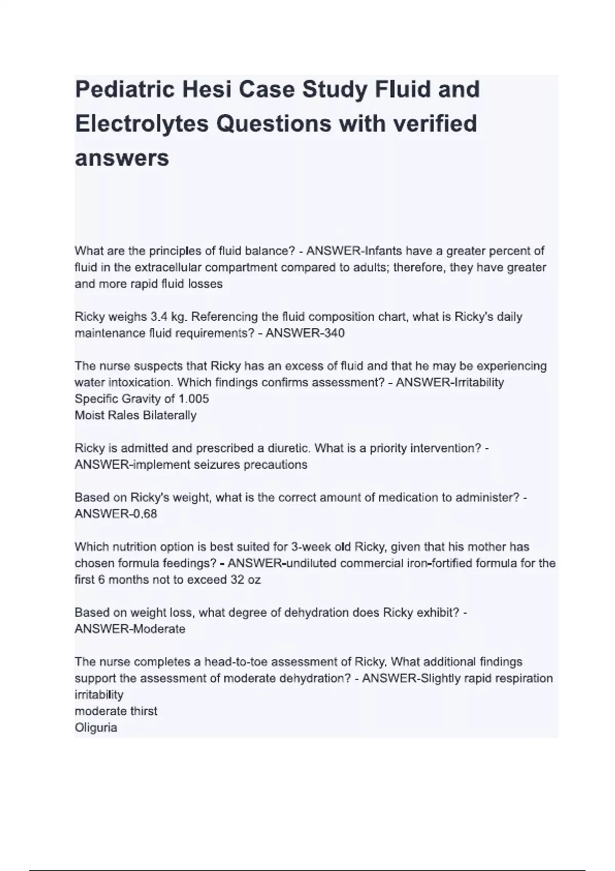 Pediatric HESI Case Study Fluid and Electrolytes QUESTIONS AND ANSWERS ...
