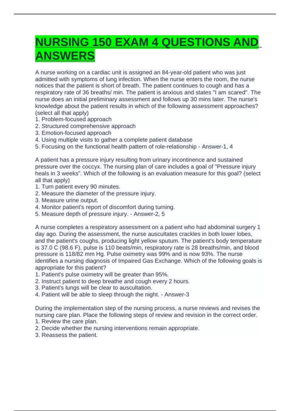 NURSING 150 EXAM 4 QUESTIONS AND ANSWERS - NUR 150 - Stuvia US