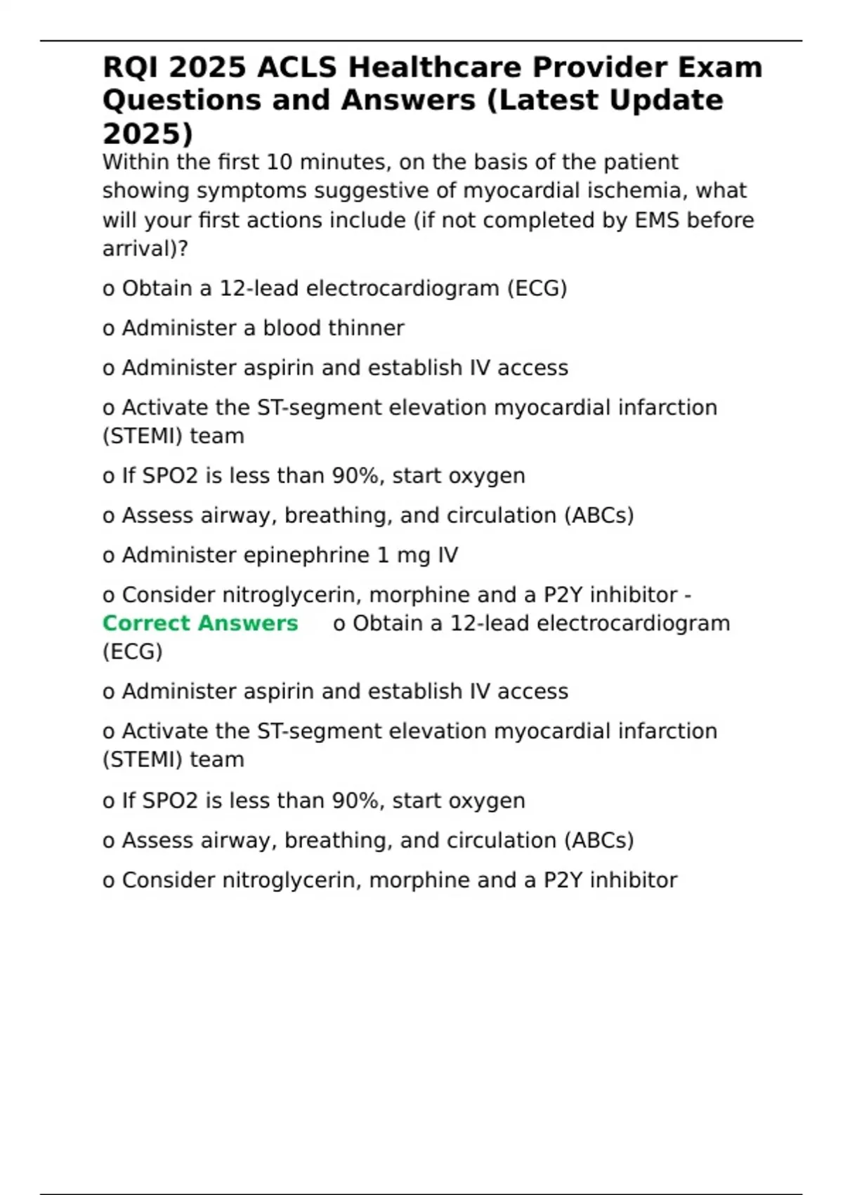 RQI 2025 ACLS Healthcare Provider Exam Questions and Answers (Latest ...