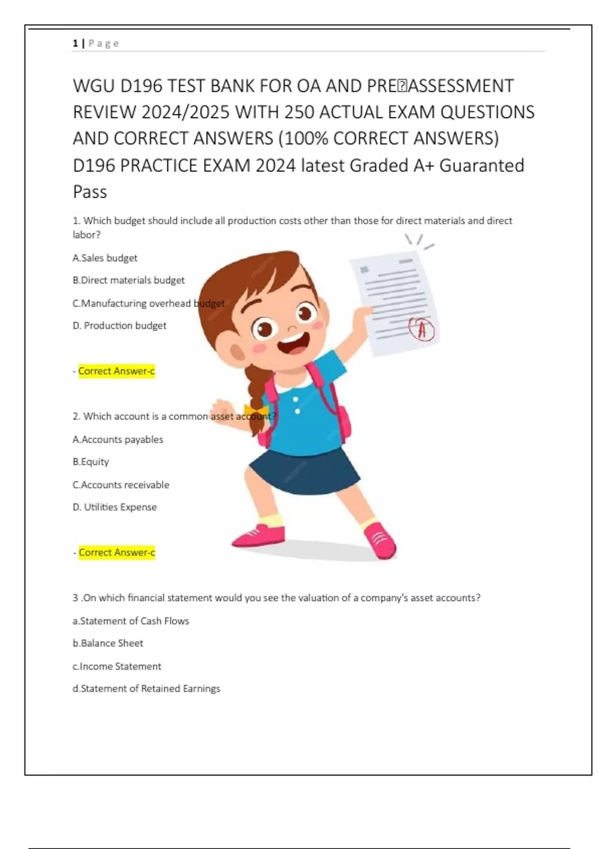 WGU D196 TEST BANK FOR OA AND PRE ASSESSMENT REVIEW 2024/2025 WITH 250 ...