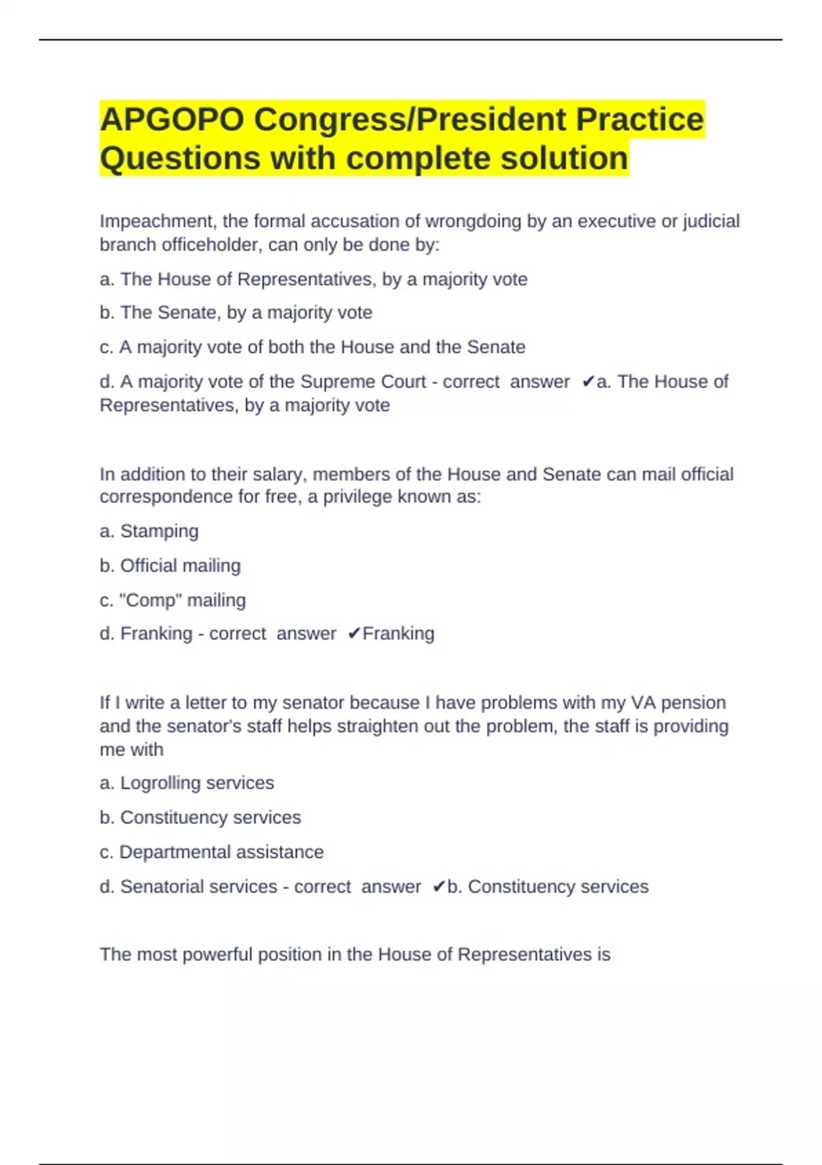 APGOPO Congress/President Practice Questions with complete solution ...