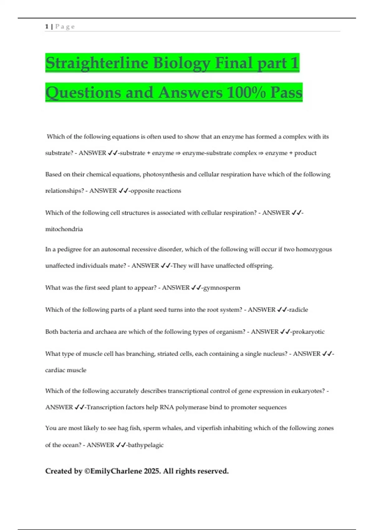 Straighterline Biology Final part 1 Questions and Answers 100% Pass ...