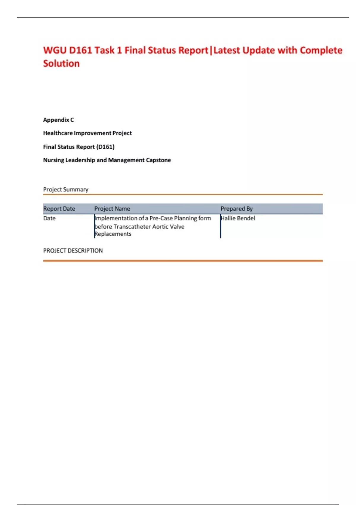 WGU D161 Task 1 Final Status Report|Latest Update with Complete ...