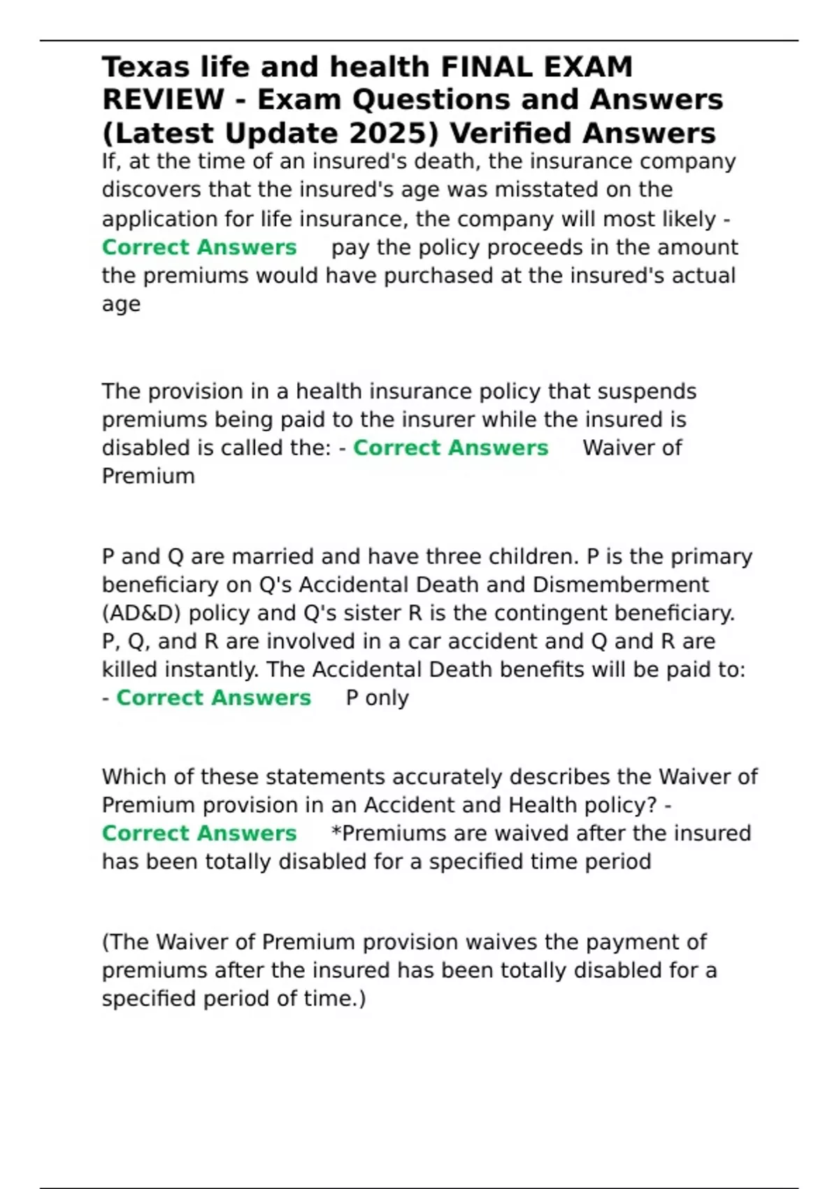 Texas life and health FINAL EXAM REVIEW - Exam Questions and Answers ...