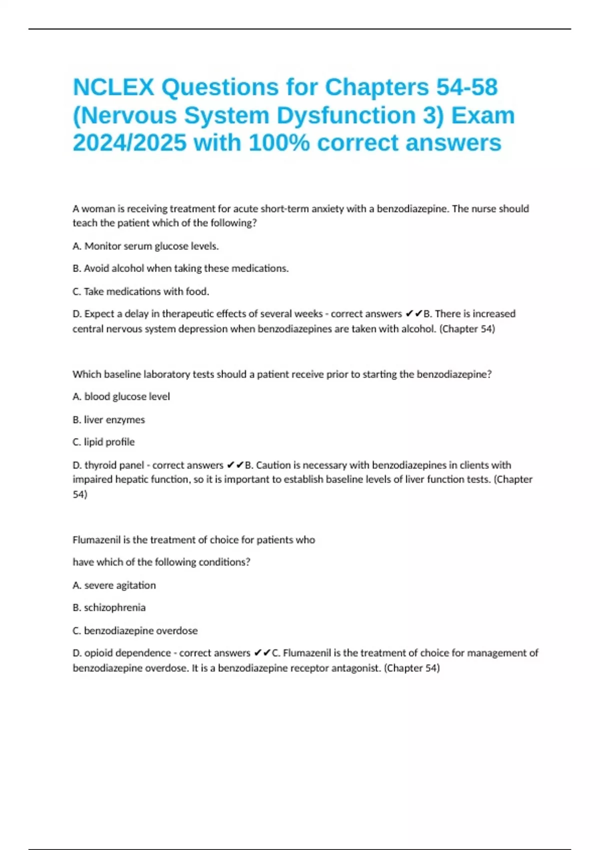 NCLEX Questions for Chapters 54-58 (Nervous System Dysfunction 3) Exam ...