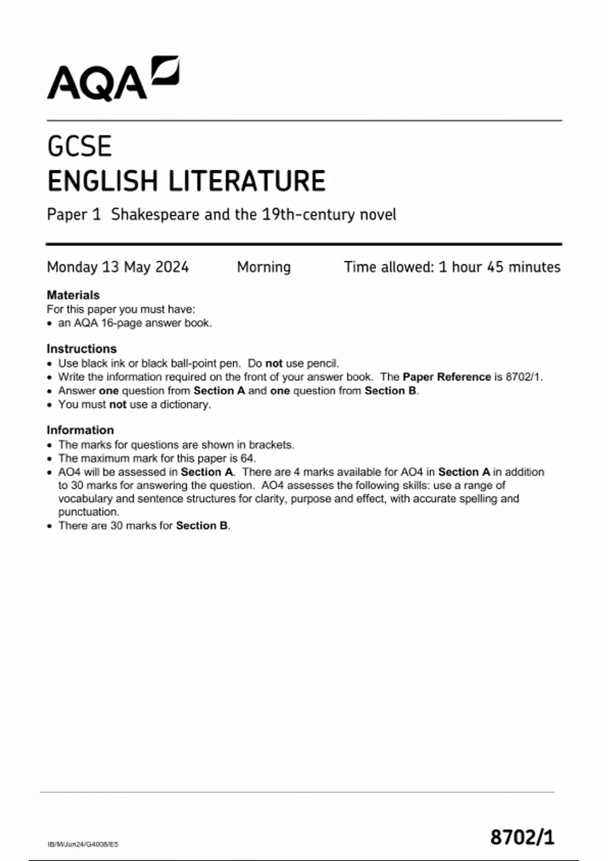 AQA GCSE ENGLISH LITERATURE QUESTION PAPER 1 2024(8702/1:SHAKESPEARE ...