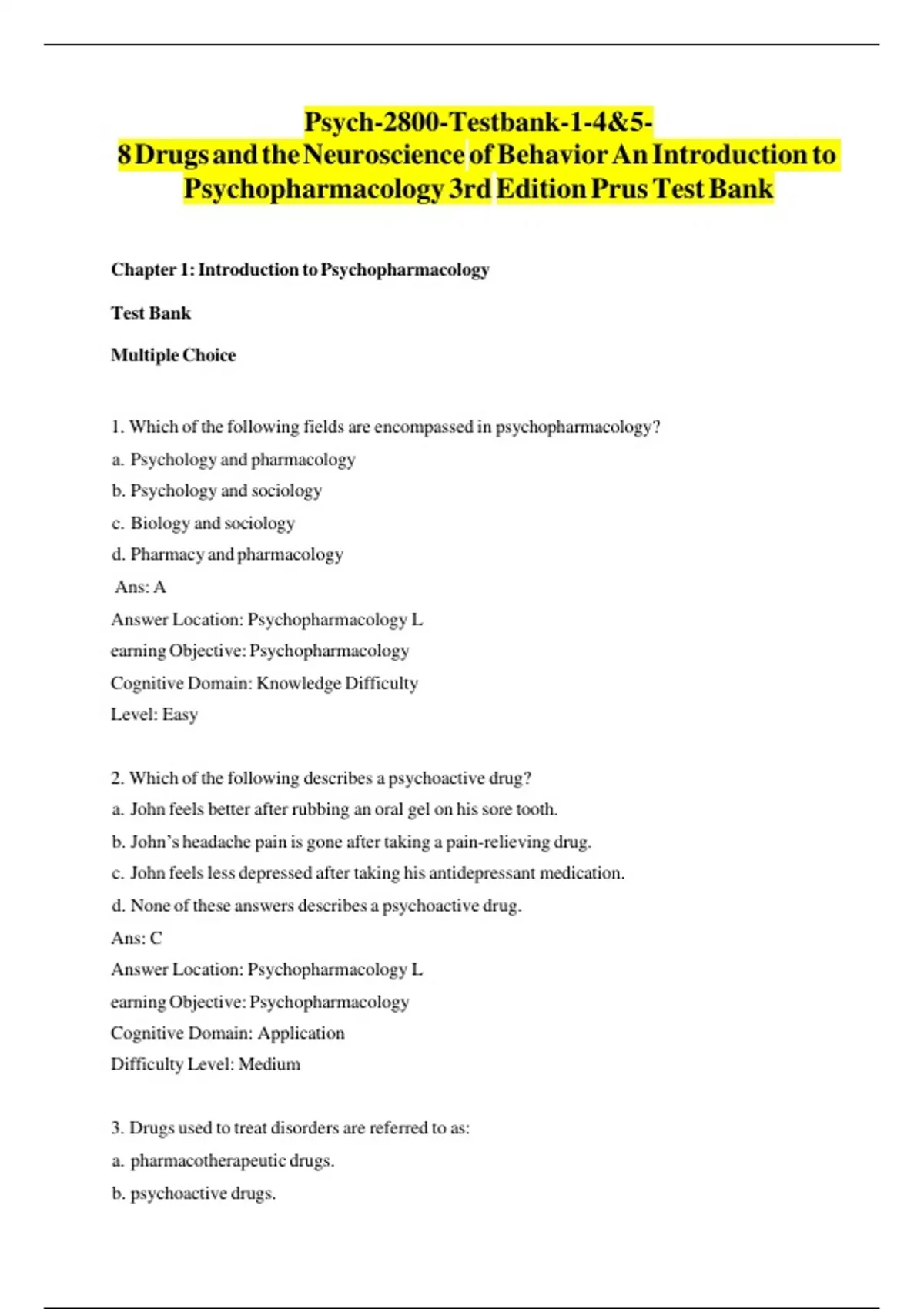 Psych 2800 testbank 1 4 5 8 drugs and the neuroscience of behavior an ...