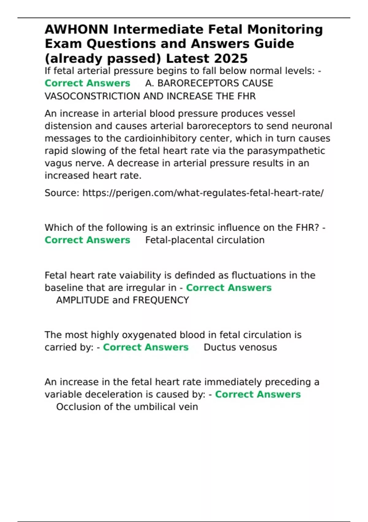 AWHONN Intermediate Fetal Monitoring Exam Questions and Answers Guide ...