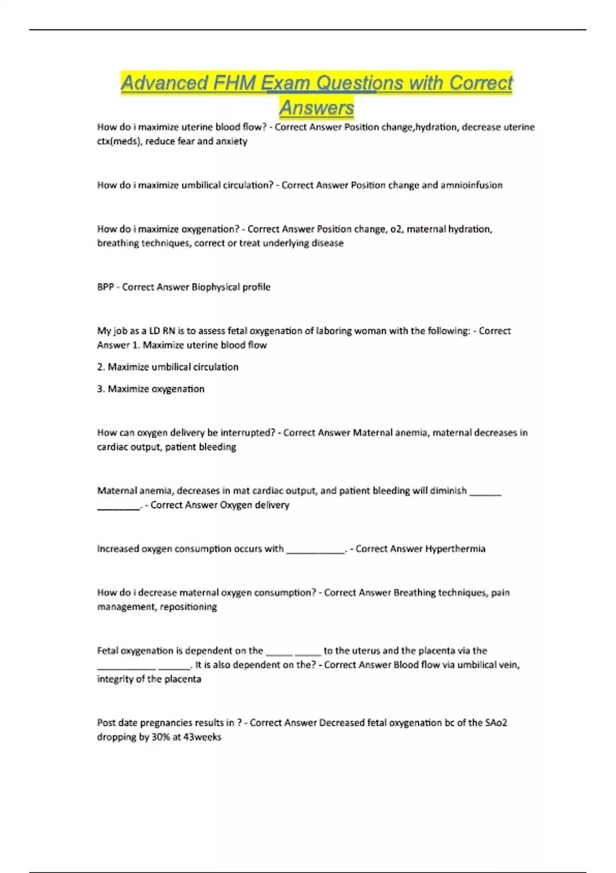 Advanced FHM Exam Questions with Correct Answers - Advanced FHM - Stuvia US
