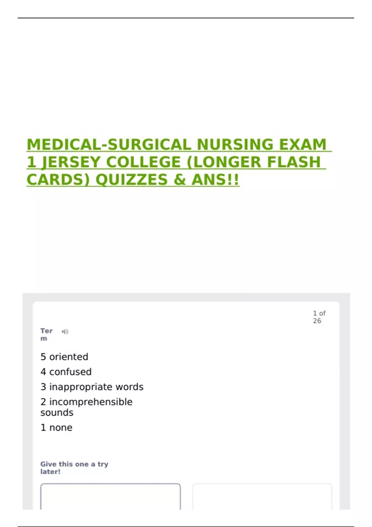 MEDICAL-SURGICAL NURSING EXAM 1 JERSEY COLLEGE (LONGER FLASH CARDS) QUIZZES & ANS!! - MEDICAL ...