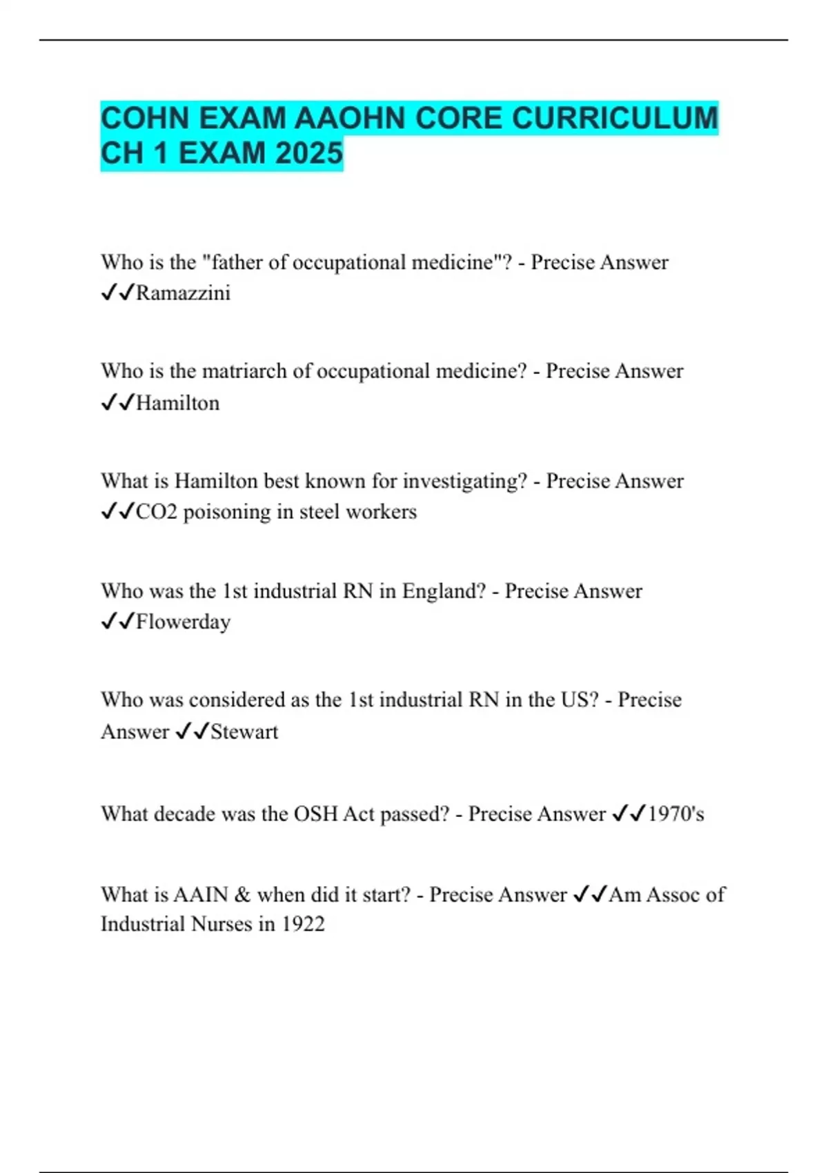 COHN EXAM AAOHN CORE CURRICULUM CH 1 EXAM 2025 - COHN - Stuvia US