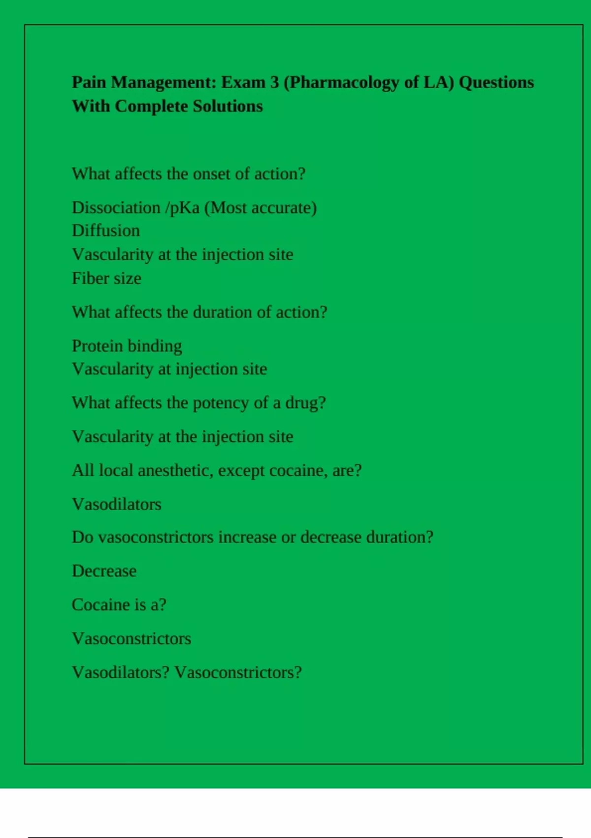 Pain Management: Exam 3 (Pharmacology of LA) Questions With Complete ...