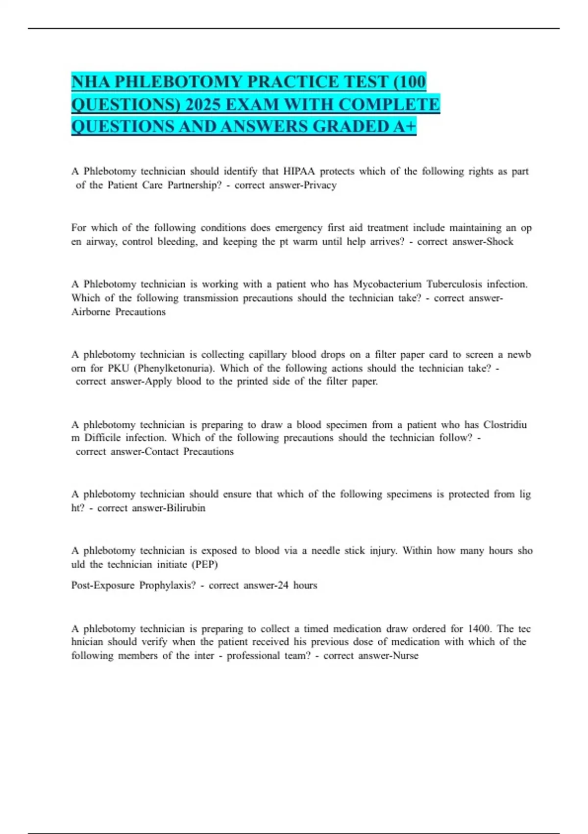NHA PHLEBOTOMY PRACTICE TEST (100 QUESTIONS) 2025 EXAM WITH COMPLETE ...