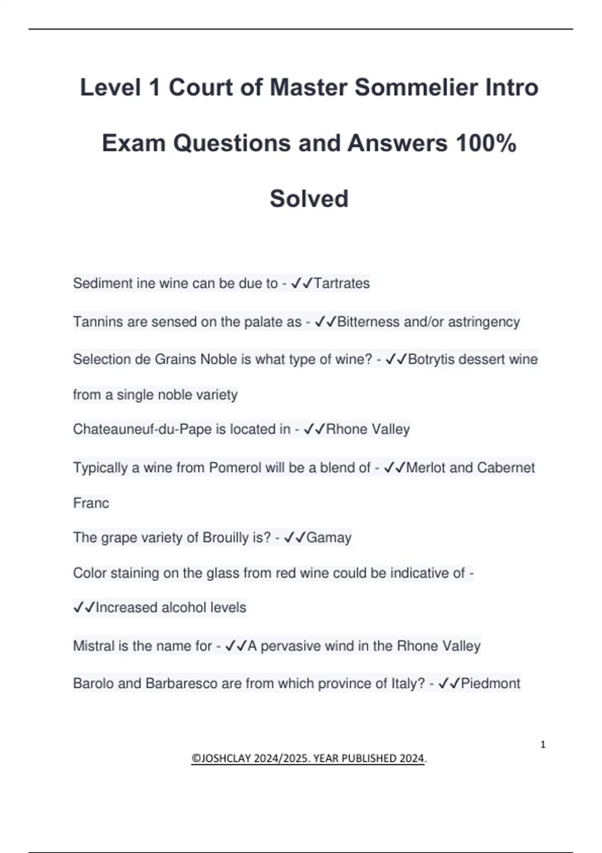 SOMMELIER EXAM PACKAGE DEAL QUESTIONS AND VERIFIED ANSWERS 100% ...