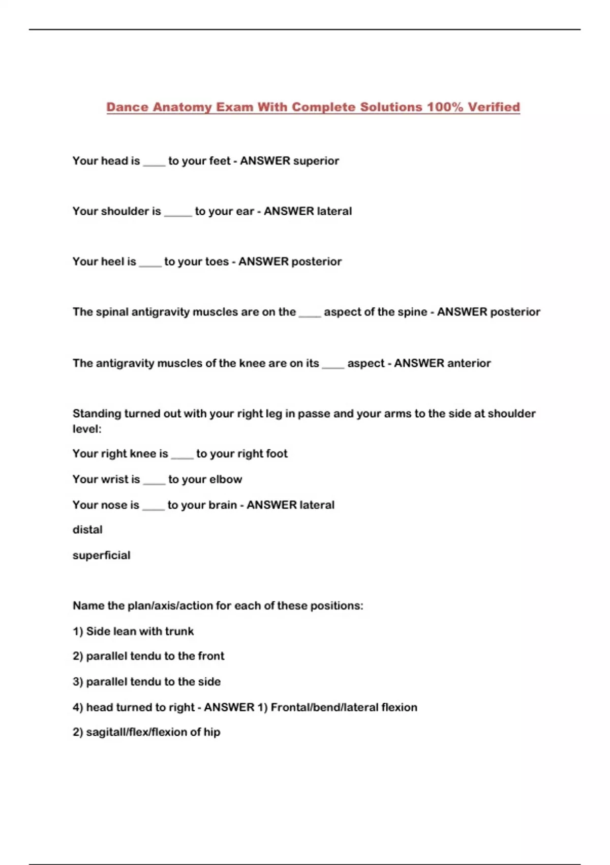 Dance Anatomy Exam With Complete Solutions 100% Verified - Dance ...