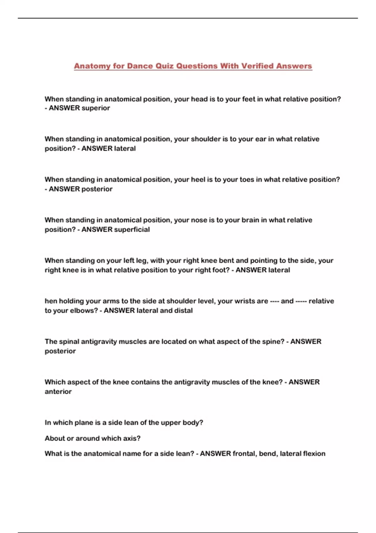 Anatomy for Dance Quiz Questions With Verified Answers - Anatomy for ...