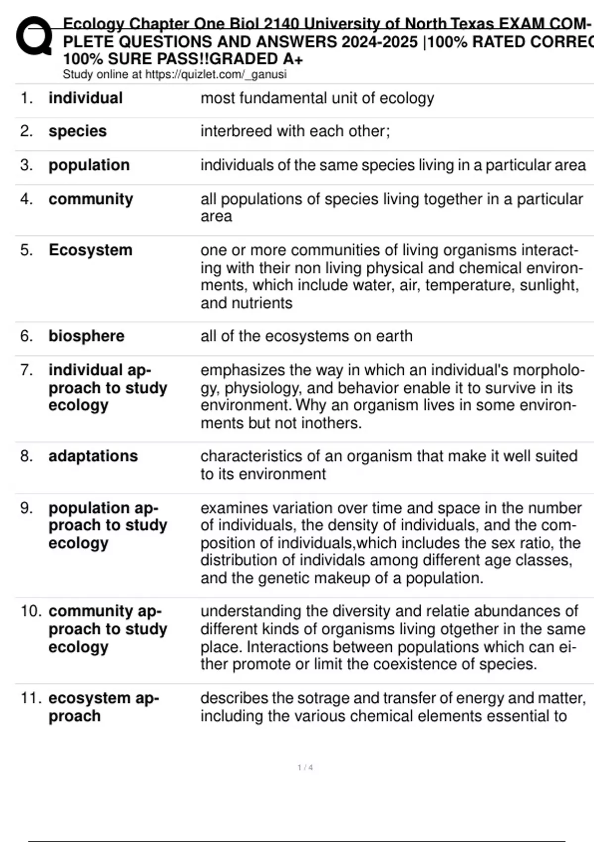 Ecology Chapter One Biol 2140 University of North Texas EXAM COMPLETE ...