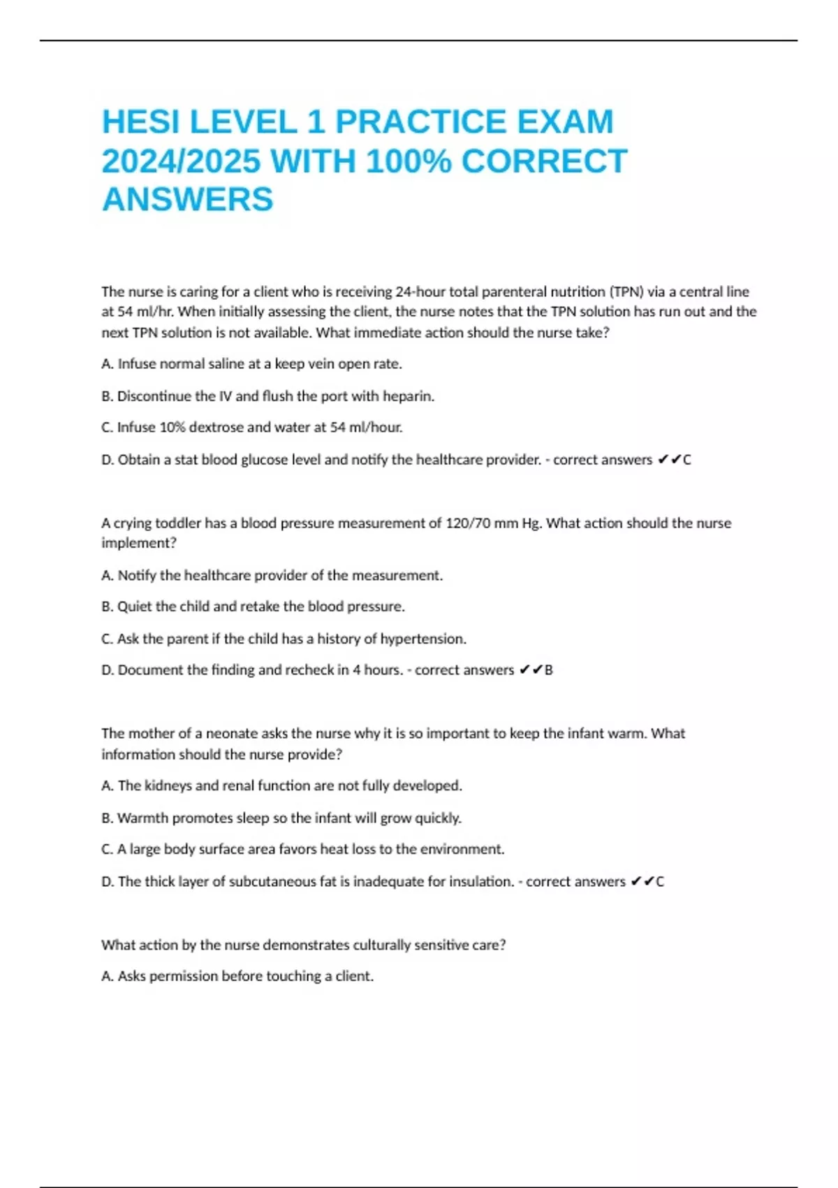 HESI LEVEL 1 PRACTICE EXAM 2024/2025 WITH 100% CORRECT ANSWERS - HESI ...