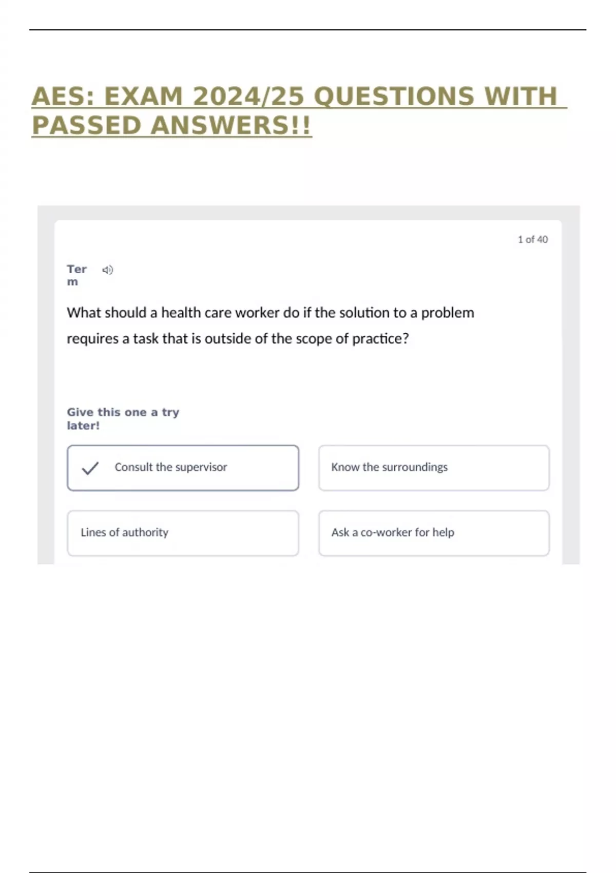 AES: EXAM 2024/25 QUESTIONS WITH PASSED ANSWERS!! - AES - Stuvia US