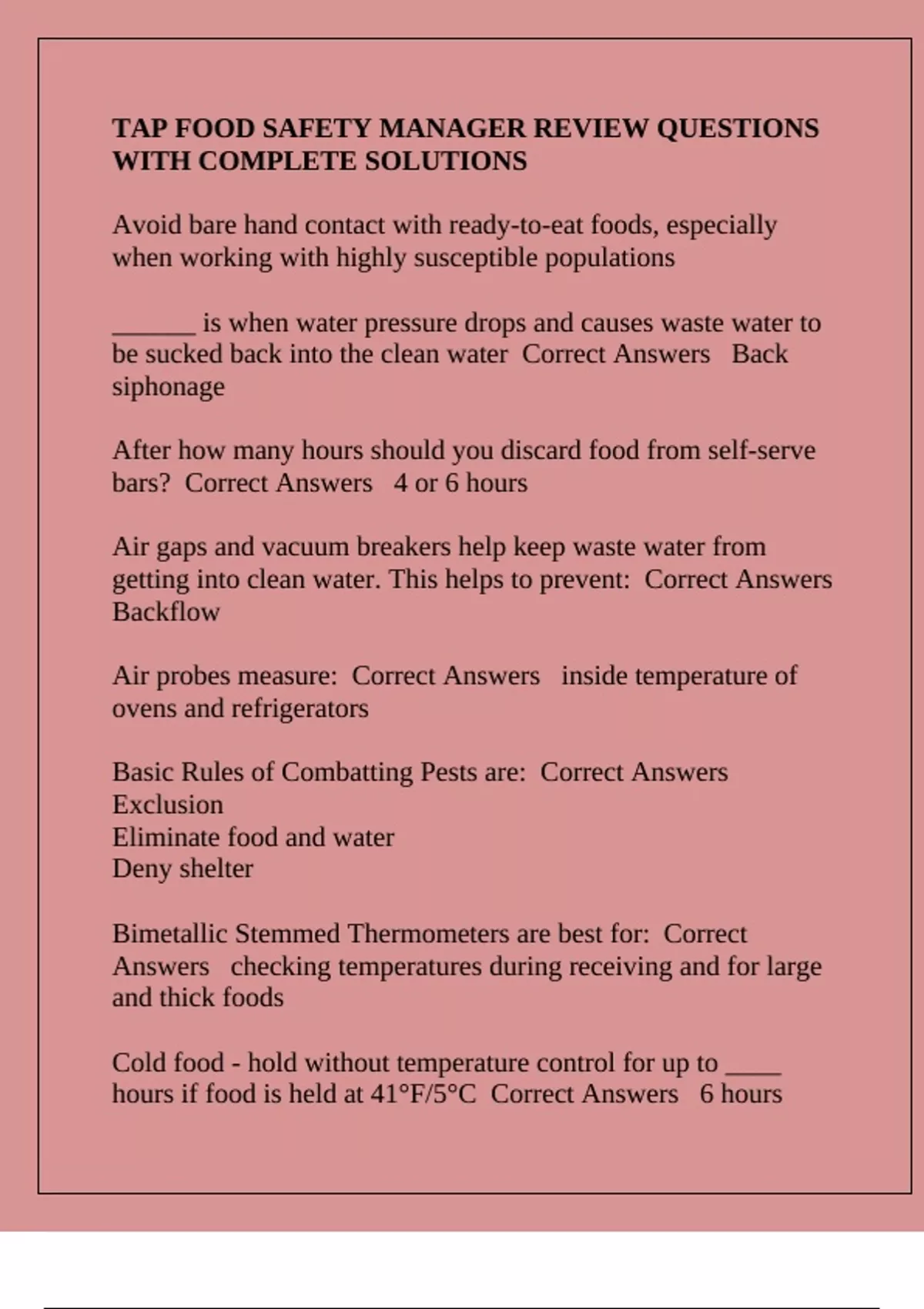 TAP FOOD SAFETY MANAGER REVIEW QUESTIONS WITH COMPLETE SOLUTIONS - Tap ...