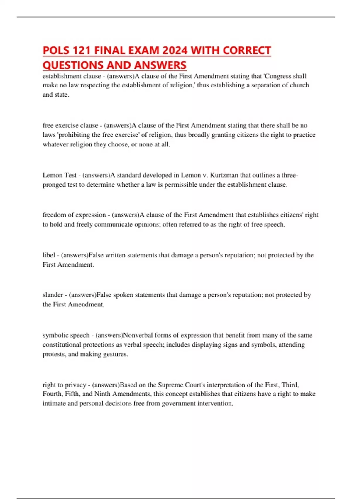 POLS 121 FINAL EXAM 2024 WITH CORRECT QUESTIONS AND ANSWERS - POLS 121 - Stuvia US