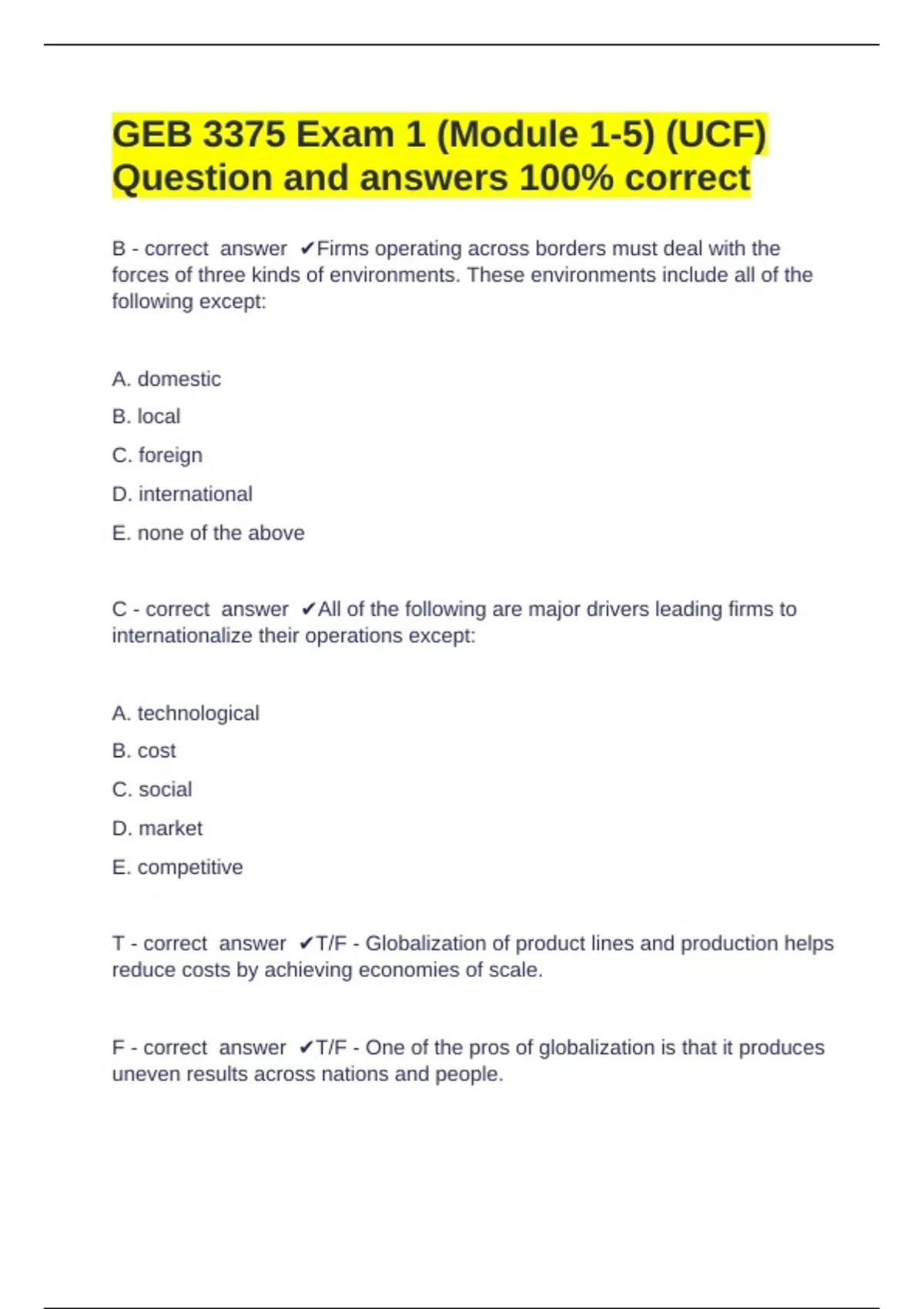 GEB 3375 Exam 1 (Module 1-5) (UCF) Question and answers 100% correct ...