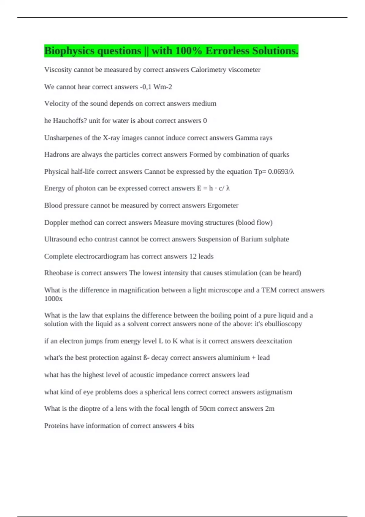 Biophysics questions || with 100% Errorless Solutions. - Biophysics ...